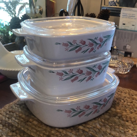 Corningware | Kitchen | Corning Ware Pyrex Rose Marie Pink Tulips Set ...